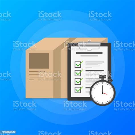 익스프레스 배달 서비스 로고 파란색 배경에 스톱워치가 있는 빠른 시간 배달 소포 목록을 수행합니다 벡터 그림입니다 1940 1949 년에 대한 스톡 벡터 아트 및 기타