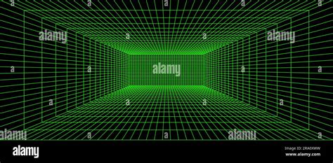 Green Neon Wireframe Grid Room 3d Background In Perspective Futuristic Digital Outline Space