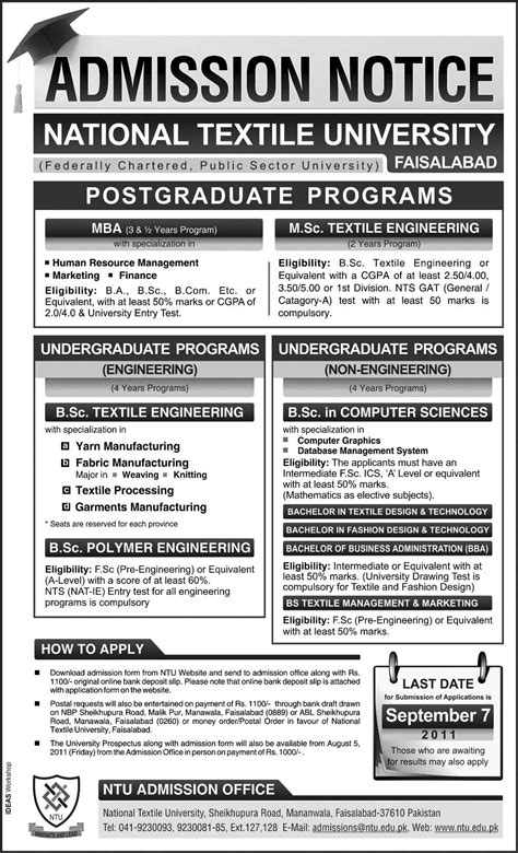 National Textile University Faisalabad Admissions 2011