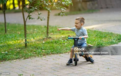 34 살의 귀여운 웃는 유아 소년은 도시 공원에서 자전거 또는 균형 자전거를 탑니다 2 3 살에 대한 스톡 사진 및 기타 이미지 2 3 살 4 5세 감정 Istock