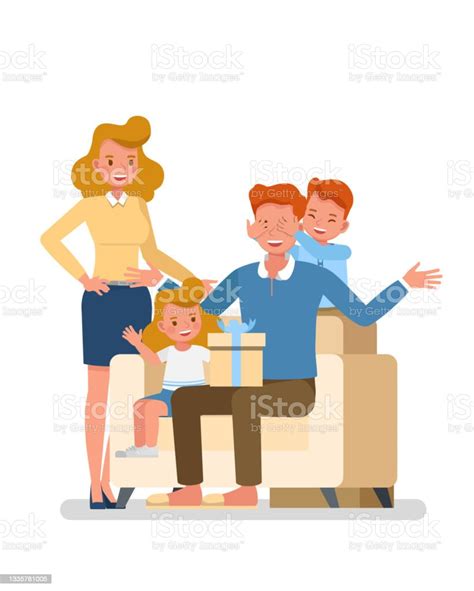 행복한 가족 캐릭터 벡터 디자인 어머니 아들과 딸이 아버지에게 선물 상자를 주었습니다 가족에 대한 스톡 벡터 아트 및 기타 이미지 가족 감사 감사합니다 Istock