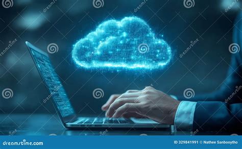 Man Typing On Laptop With Digital Cloud Icon Stock Illustration