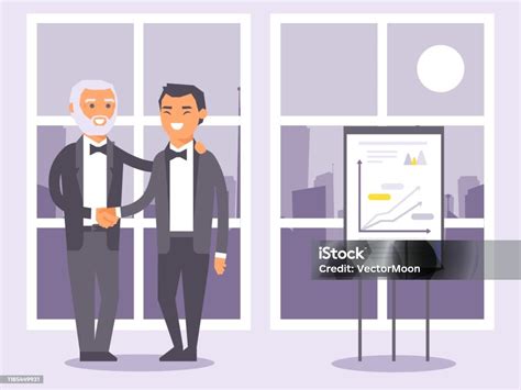 정장 블랙 정장에 플랫 사람들 사업가 악수 배너 벡터 일러스트 도시 전망창 배경에 서있는 두 남자 차트와 그래프와 프리젠 테이션 개념에 대한 스톡 벡터 아트 및 기타 이미지