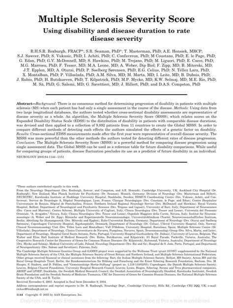 Pdf Multiple Sclerosis Severity Score Using Disability And Disease Duration To Rate Disease