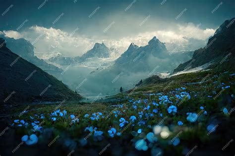 산에 있는 라벤더 밭의 래스터 그림 상상할 수 없을 정도로 아름다운 자연의 풍경은 조감도에서 볼 때 짙은 구름 3d 렌더링에서 풀을 녹입니다 프리미엄 사진