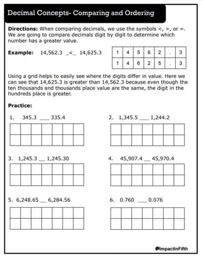 Decimal Concepts Comparing And Ordering Notes Page By Impact In Fifth