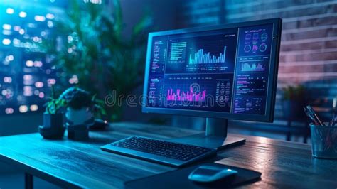 Modern Desk Setup With Data Analysis On A Screen In A Dim Office Stock