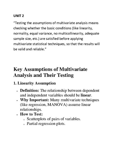 Unit 2 Key Assumptions Of Multivariate Analysis Notes Studocu
