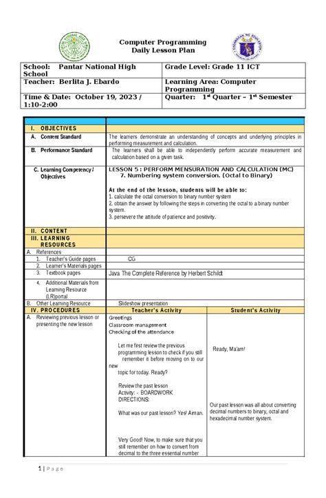 Computer Programming Lesson Plan Octal To Binary Conversion Grade 11