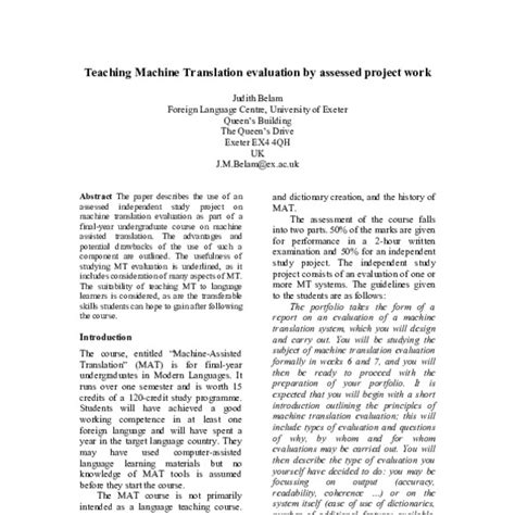 Teaching Machine Translation Evaluation By Assessed Project Work Acl Anthology
