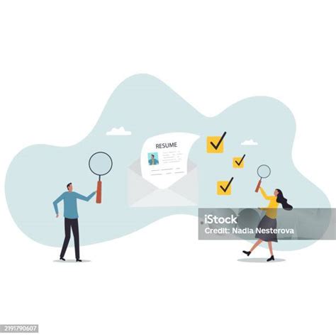 후보자 이력서 재능 검증 또는 스캔을 검토하여 공석 고용 또는 채용 Hr 인적 자원비즈니스 개념평면 캐릭터에 대한 지원자를 선택합니다 객실 있음에 대한 스톡 벡터 아트 및