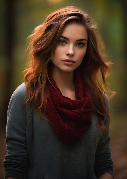 Premium Ai Image Woman Red Hair Scarf Forest Ultra Face Short Top