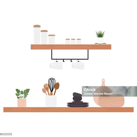 선반 접시 수프 그릇 칼 붙이 세트 실내 녹색 식물 도마에 접시 가정 생활에 대한 스톡 벡터 아트 및 기타 이미지 가정 생활 가정 주방 가정의 방 Istock