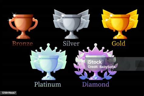 게임 랭크 어워드 컵 골드 실버 플래티넘 브론즈 다이아몬드 컵 6단계 애니메이션 게임 백금에 대한 스톡 벡터 아트 및 기타