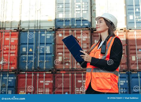 Woman Works In International Shipping Area Export And Import Delivery Service With Containers