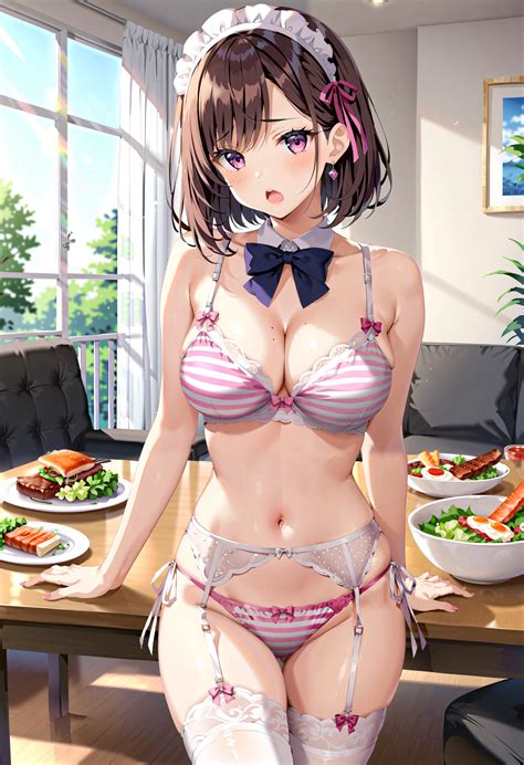 Anime Girl In Lingerie Posing In Front Of A Table With Food Seaart Ai