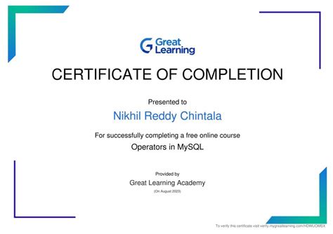 Certificate Data Dataanalytics Sql Mysql Nikhil Reddy Chinthala