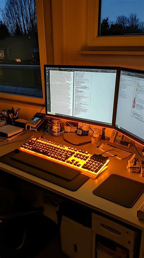 A Computer Desk With A Keyboard Mouse And Monitor Stock Illustration