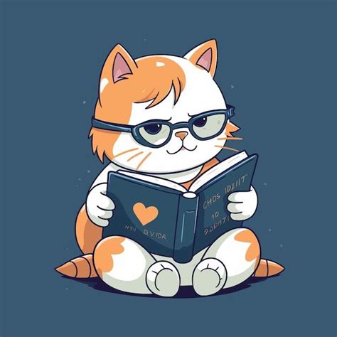Мультяшный забавный талисман кошки, читающий книгу, векторная ...