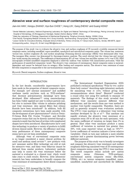 Abrasive Wear And Surface Roughness Of Contemporary Dental Composite Resin Pdf