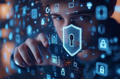 Man Reaching For Digital Lock In Virtual Security Interface At Night Stock Illustration