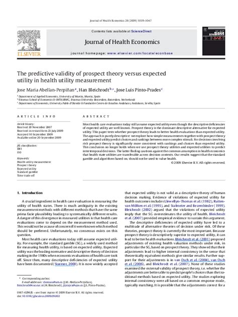 Pdf The Predictive Validity Of Prospect Theory Versus Expected Utility In Health Utility