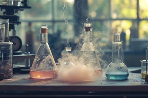 Premium Photo Science Experiments With Smoke And Colourful Liquid On A Tbale In A Room Next To