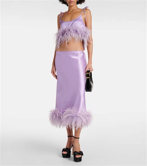 Feather Trimmed Satin Midi Skirt In Purple Miu Miu Mytheresa