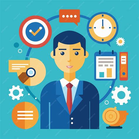 Businessman With A Suit And Tie Standing In Front Of Icons Representing Work And Time Management