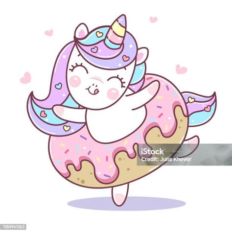도넛에서 귀여운 유니콘 춤 파스텔 플랫 컬러의 작은 가와이 이 유니콘 만화 캐릭터의 일러스트 쉬운 플랫 스타일 벡터 그림입니다 패치 배지 핀 또는 스티커 유니콘에 대한 스톡