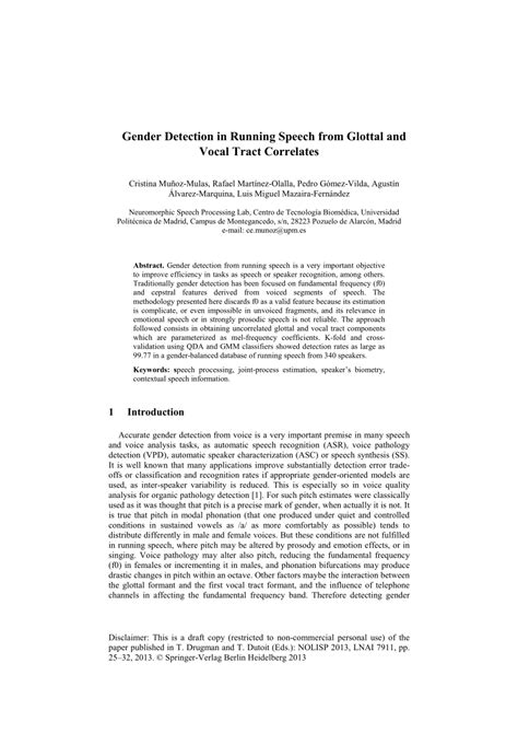 Pdf Gender Detection In Running Speech From Glottal And Vocal Tract