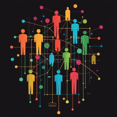Colorful Human Network Diagram With Interconnected Nodes And Lines On Black Background Stock