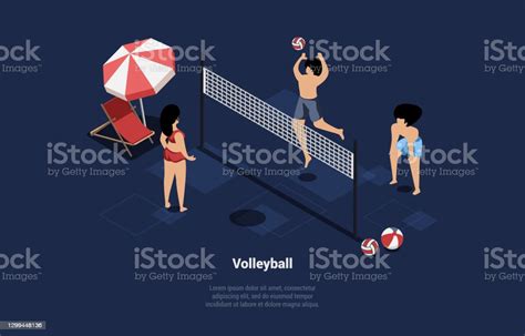 어두운 배경에 만화 3d 스타일 벡터 일러스트레이션 쓰기와 등각 구성 수영 정장에서 세 문자 는 비치 발리볼을 재생 여름 레저