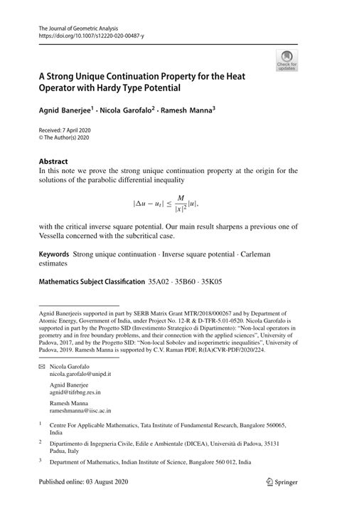 Pdf A Strong Unique Continuation Property For The Heat Operator With Hardy Type Potential