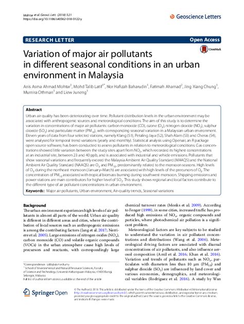 Pdf Variation Of Major Air Pollutants In Different Seasonal Conditions In An Urban Environment