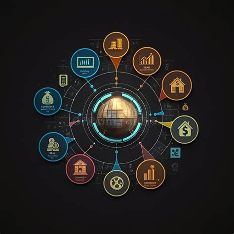 A Digital Circular Chart Features A Central Globe Surrounded By Interconnected Nodes Stock