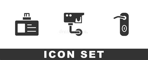 Set Identification Badge Security Camera And Door Handle Icon Vector Stock Vector