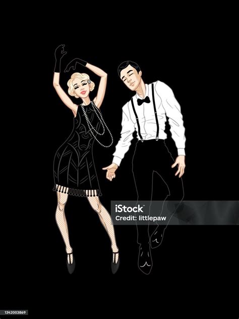 복고풍 파티 카드 1920 년대 스타일 댄스 플래퍼 소녀 빈티지 정장 이십 벡터 일러스트를 입은 잘 생긴 남자옷을 입은 남자와
