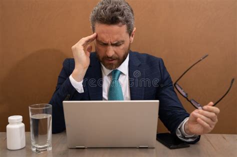 Head Pain Medicines Pills Concept Cephalalgia And Migraine Man With