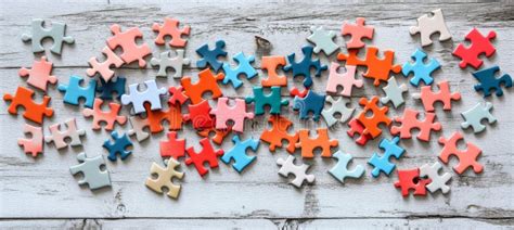 Colorful Puzzle Pieces Scattered On A Rustic White Wood Background