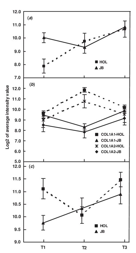 microarray signal intensity values for 3 genes plotted across time