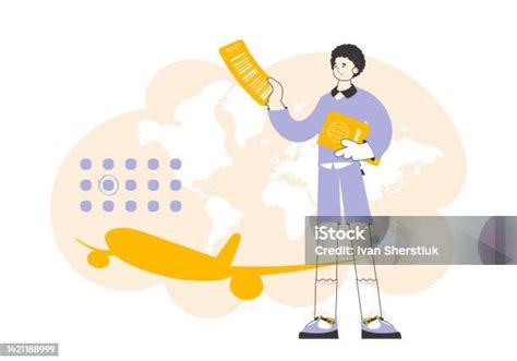 그 남자는 티켓과 여권을 들고 있습니다 여행 테마 선형 스타일 공항에 대한 스톡 벡터 아트 및 기타 이미지 공항 관광객 국가 관광명소 Istock