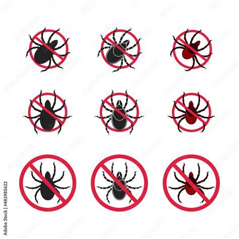 Set Of Ticks With Stop Sign Black Contour Color Image Of An Insect Vector Illustration Flat
