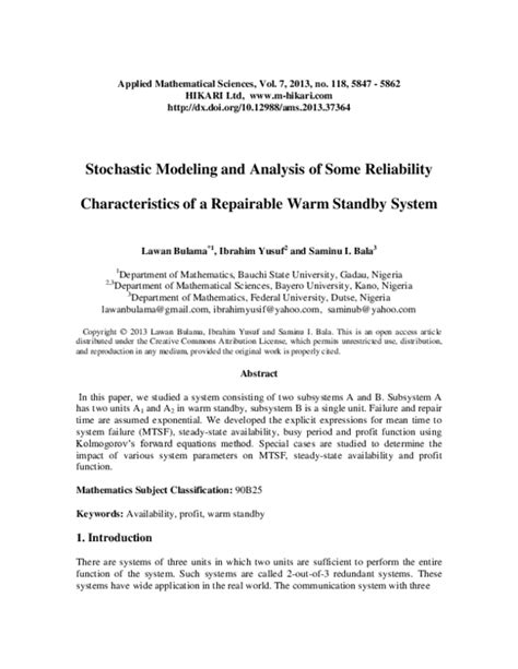 Pdf Stochastic Modeling And Analysis Of Some Reliability
