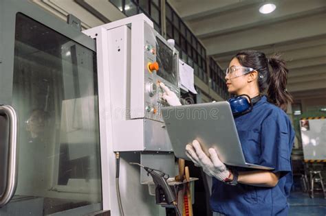 Engineer Women Working In Lathe Shop With Digital Cnc Metal Lathe Milling Machine Expert