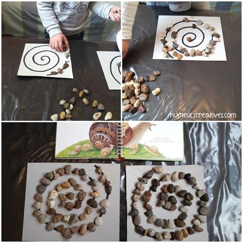 Four Pictures Showing How To Make A Spiral Rock Art Project With Rocks And Paper On The Table