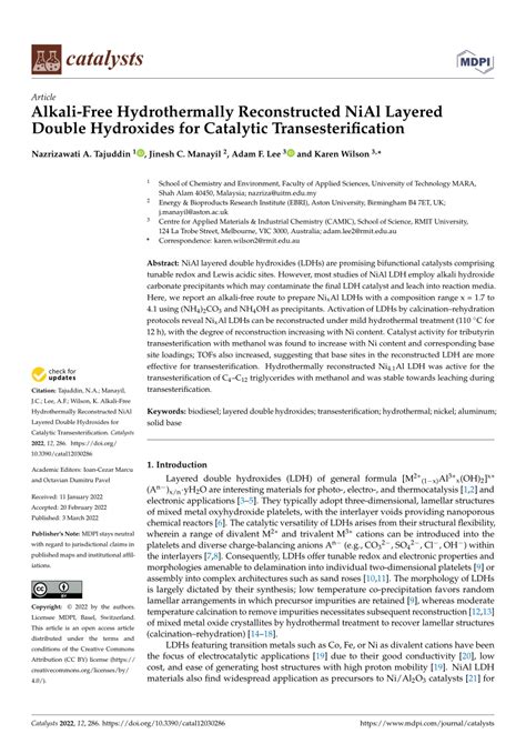 Pdf Alkali Free Hydrothermally Reconstructed Nial Layered Double Hydroxides For Catalytic
