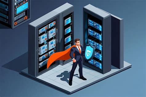 Flat 3d Isometric Super Businessman Holding Shield Protecting Data Center Server Racks Database
