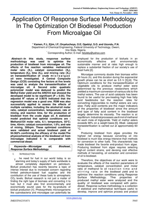 Pdf Application Of Response Surface Methodology In The Optimization Of Biodiesel Production