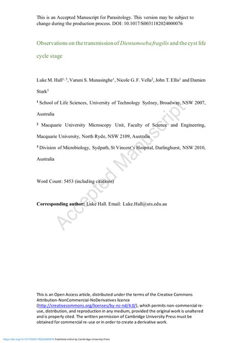 Pdf Observations On The Transmission Of Dientamoeba Fragilis And The Cyst Life Cycle Stage